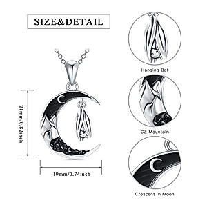 Flpruy Bat Crescent Moon Necklace 925 Sterling Silver Gothic Pendant Black CZ Mountain Necklace Jewelry for Women