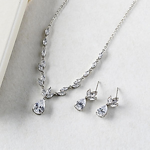 SWEETV Wedding Jewelry Set for Bride Bridesmaids, Teardrop Bridal Necklace Earrings Set, Cubic Zirconia Wedding Bridal Jewelry for Women