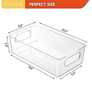 Tasmy Set of 4 Refrigerator Organizer Bins - Stackable Fridge Organizers with Handles for Freezer, Kitchen, Countertops, Cabinets - Clear Plastic Pantry Food Storage Rack, BPA Free