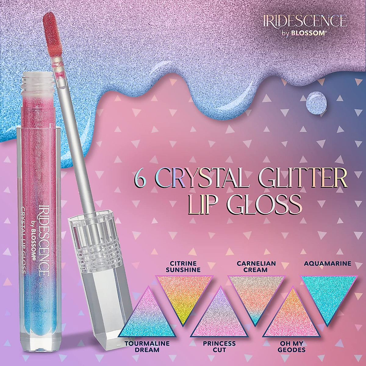 Blossom Iridescence Watermelon Flavored, Longlasting High Gloss, Glitter Shimmer Crystal Lip Gloss + Zodiac Sign Vanilla Scented Roll On Lip Gloss with Crystals, 2 Pack Bundle, Tourmaline Dream/Virgo