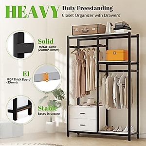 HOKEEPER 650lbs Freestanding Closet Organizer with Drawers and Shelves Heavy Duty Metal Wardrobe Closet Storage Shelves for Hanging Clothes Clothing Garment Rack Closet with Shelves for Bedroom White