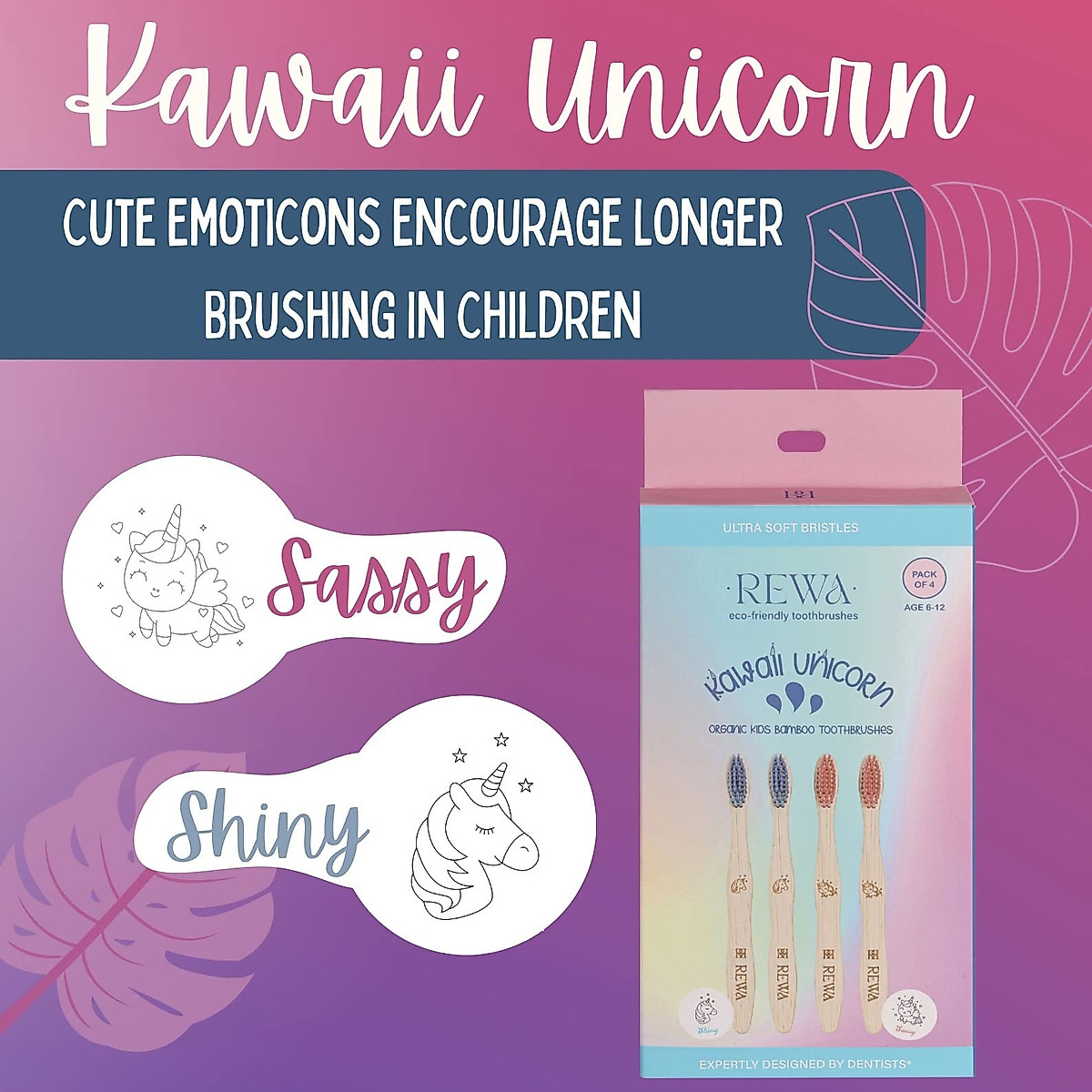 Rewa Kids Kawaii Unicorn l Children Bamboo Toothbrushes l Organic Compostable Natural Ayurvedic l Pack-4 l Soft Bristles BPA Free Pink (Sassy) & Blue (Shiny).