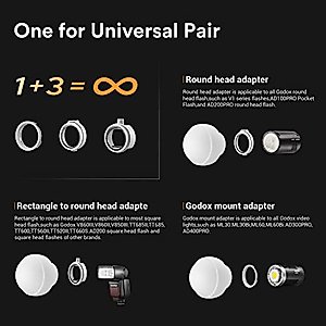Godox ML-CD15 Diffusion Dome with 3 adapters, Flash Light Diffuser, Compatible for Godox V1 Series ML30 ML60 ML60BI AD200 AD200PRO AD300PRO AD400PRO V1S V1C V1N V1F V1O V860III-S TT685S TT660S