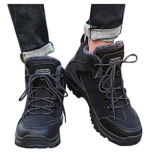 Fheaven Men's Snow Boots Lace Up Combat Booties Water Resistant Anti-Slip Sole Warm Fur Lined Winter Ankle Booties