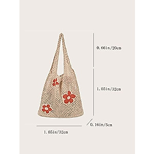 Verdusa Women's Floral Print Crochet Tote Bag Shoulder Handbags Summer Shopping Bags Apricot one-size