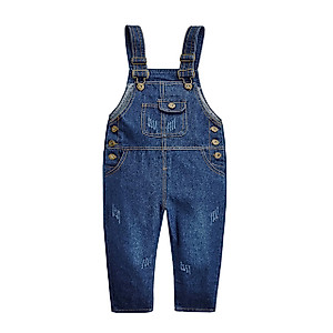 KIDSCOOL SPACE Snap Leg/Crotch Mettal Buttons Reipped Denim Overalls,Blue,18-24 Months