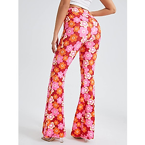 OYOANGLE Women's Floral Print High Waist Yoga Pants Wide Leg Pants Bell Bottom Trousers Orange and Pink S