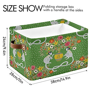 susiyo Large Foldable Storage Bin Tribal Elephants Storage Bins Collapsible Decorative Fabric Storage Baskets ,Green Chinoiserie Monkeys