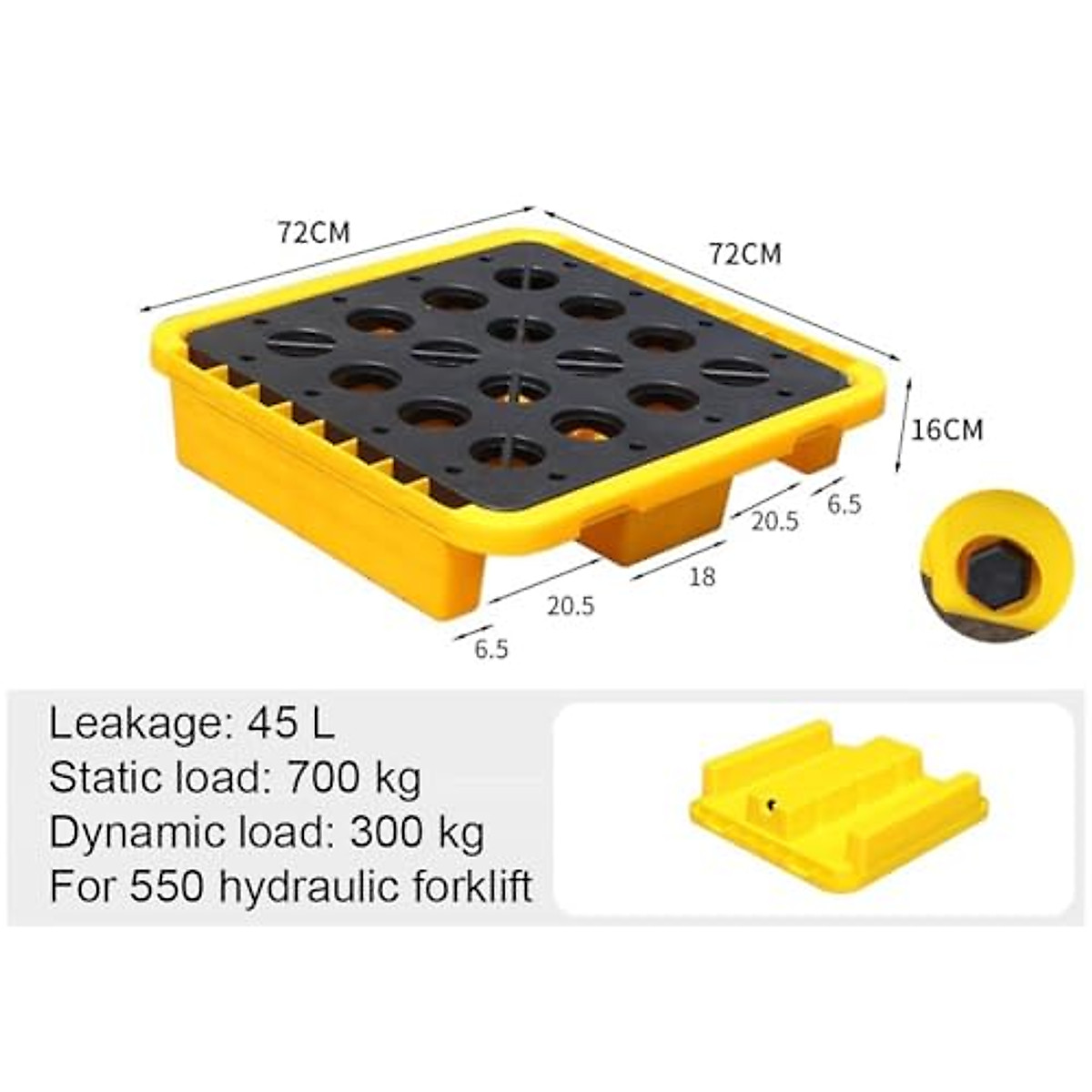 Rygcrud Drum Modular Spill Platform, Industrial Polyethylene Sump Capacity Containment Tray, Spill Pallet for Garage Warehouse Basement(45 L/72X72X16 CM)