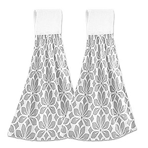 Grey White Geometry Floral Leaves Hanging Kitchen Towel 12 x 17 Inch Gray Spring Flowers Hand Tie Towels Set 2 Pcs Tea Bar Dish Cloths Dry Towel Soft Absorbent Durable for Bathroom Laundry Room Decor