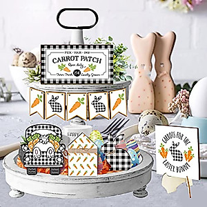 10 Pcs Easter Tiered Tray Decor- Carrot Bunny Wood Sign Decoration Rustic Farmhouse Easter Table Decor with 2 Pcs Small Stand for Home Kitchen Living Room, Dining Table, Easter Party Desk