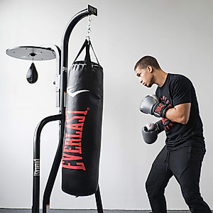 Everlast Dual Station Heavy Bag and Speed Bag Stand with 60 Pound NevaTear Heavy Punching Bag for Mixed Martial Arts and Boxing, Black/Platinum