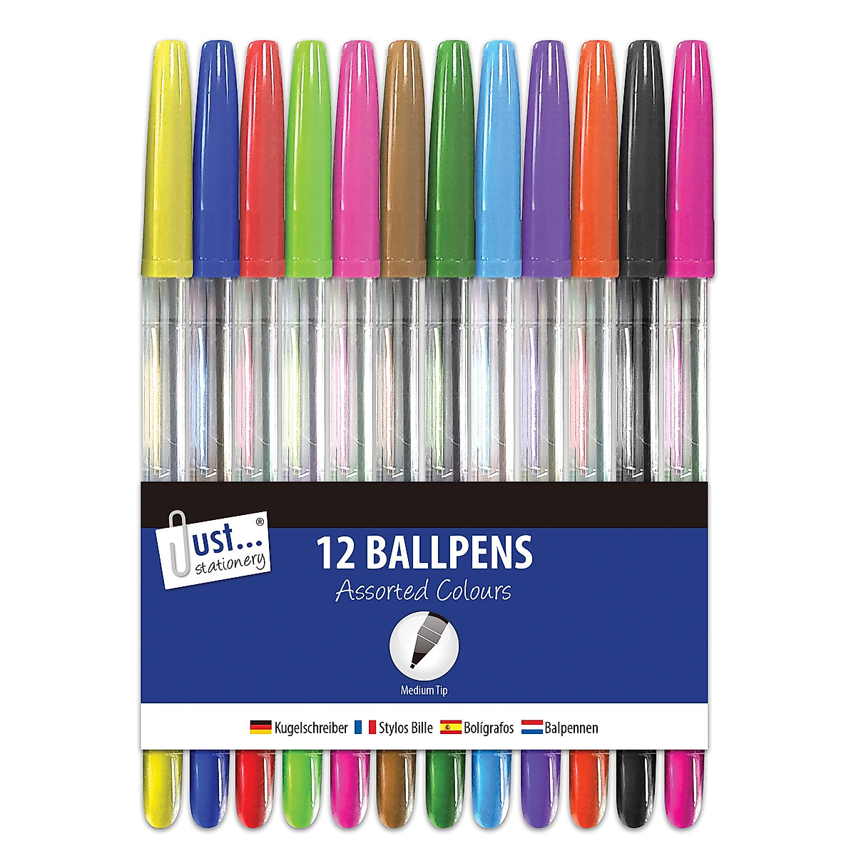 Just stationery 12 Multicoloured Ballpoint Pens, assorted colours, 15.5cm long by 1cm diameter