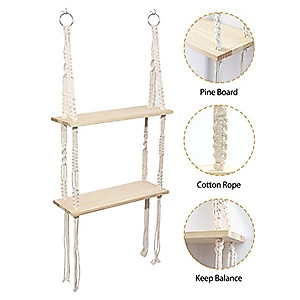 Sonefreiy Macrame Hanging Shelves 2 Tier, Natural Wood Farmhouse Window Plant Shelves Boho Wall Shelf with Hooks & Hardwares,for Bedroom Bathroom Kitchen Living Room