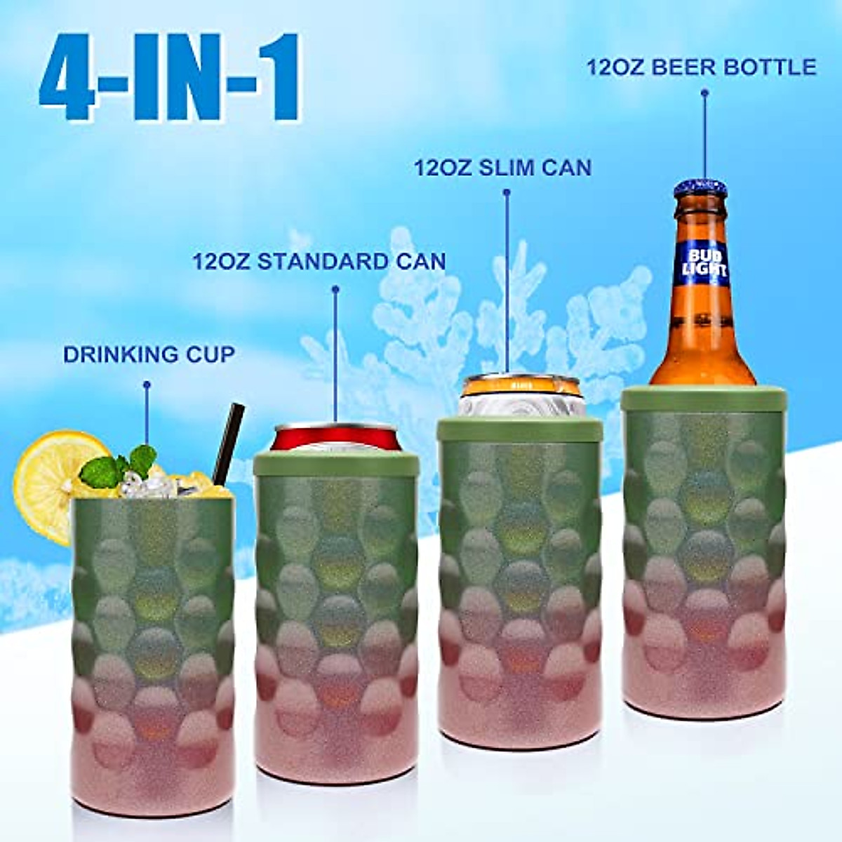 4-IN-1 Can Cooler for 12 oz Slim Cans | 12oz Standard Cans | 12oz Beer Bottles, Stainless Steel Double-walled Vacuum Insulated Drink Holder