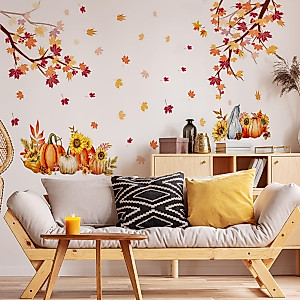Autumn Fall Leaves Wall Decal Maple Tree Wall Decal DIY Branch Wall Stickers Removable Yellow Leaf Wall Decal for Autumn Holidays Home Classroom Birthday Thanksgiving Harvest Party Decoration