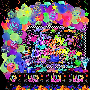 Winrayk Neon Glow in The Dark Birthday Party Decorations Supplies with Neon Balloons Garland Arch Backdrop Tablecloth Hanging Swirl Glow in The Dark Party Supplies Neon Party Decor for Kids Teen Adult