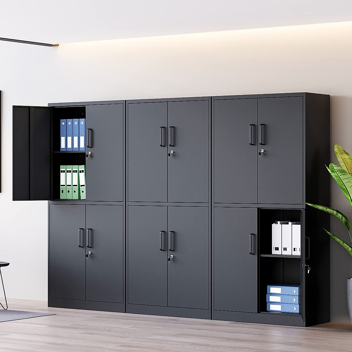 MIIIKO Steel Storage Cabinet with Locking Doors, Black Storage Cabinet with 4 Doors and 3 Adjustable Shelves, Tall Metal Locker Cabinet for Home Office, Garage, School