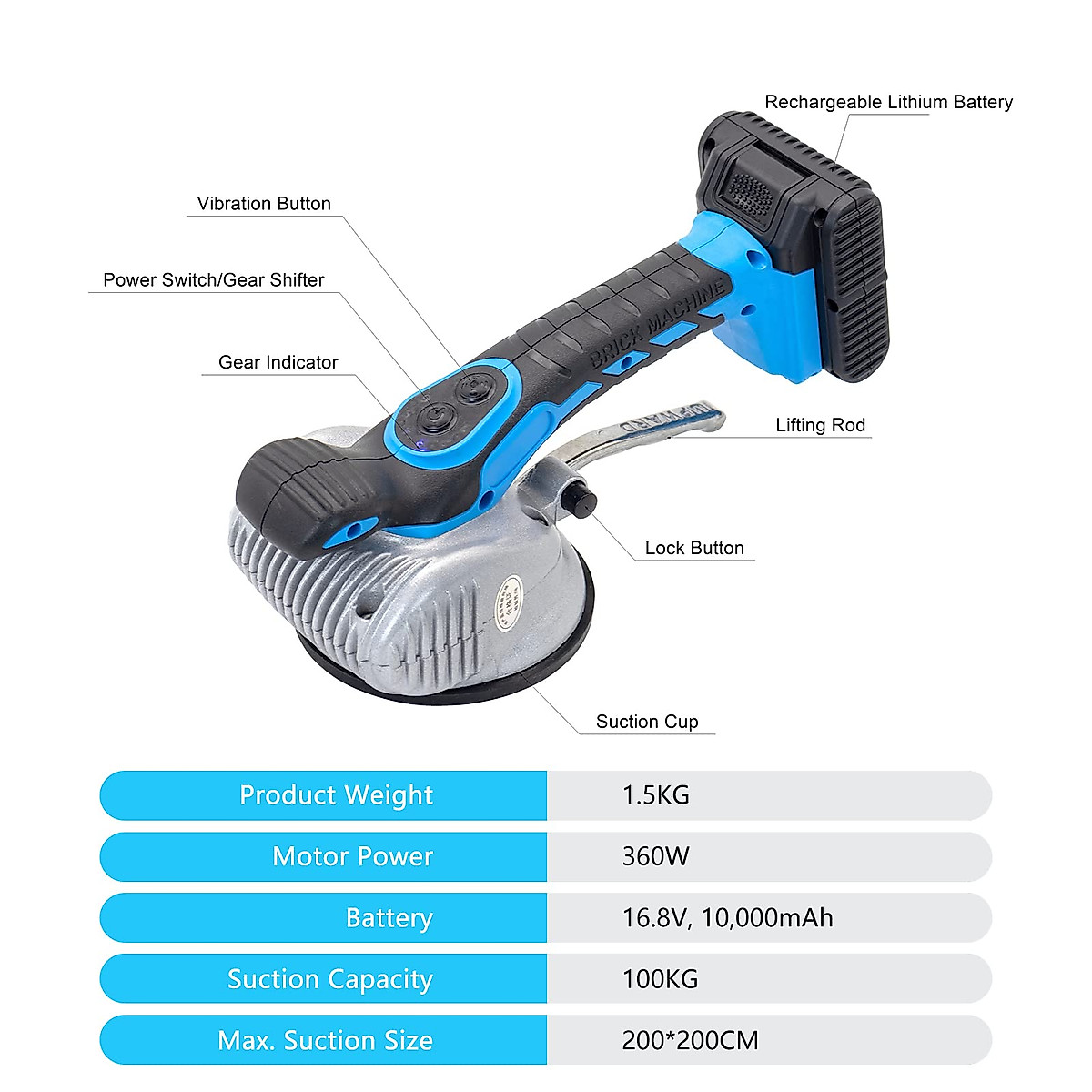 CAPTOK Tile Vibration Machine Automatic Suction Vibrator 10,000mAh 2 Batteries Tile Leveling Tiling Machine 6 Speed Handheld 18,000VPM