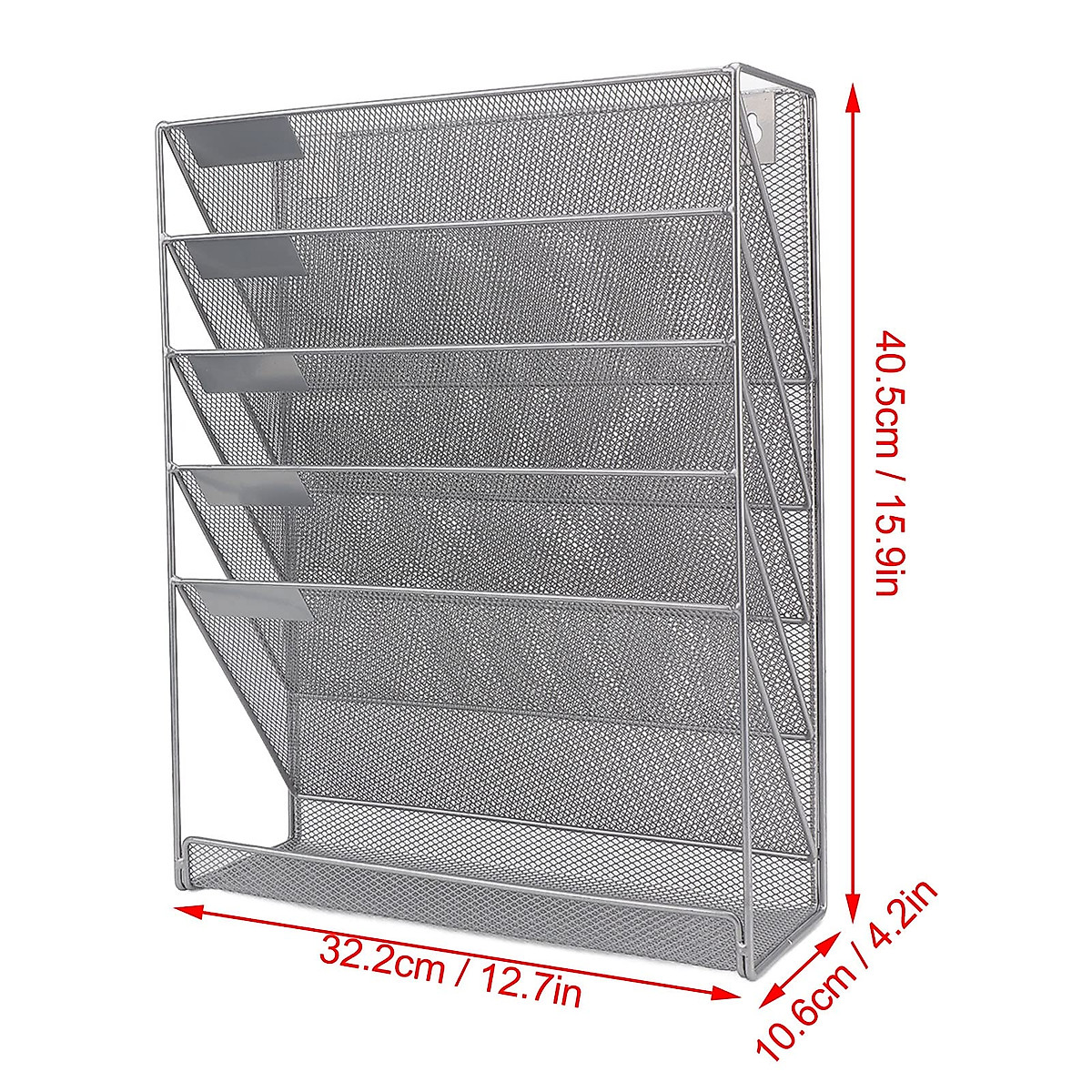 Wall File Organizer 5 Tier Silver Heavy Duty Metal Mesh Hanging Mail Magazine Rack 40 x 32 x 11 cm Vertical Paper Holder for Newspaper Folders