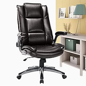 COLAMY Office Chair High Back Executive Leather Desk Chair, Ergonomic Flip Arms Adjustable Swivel Thick Padding Home Office - Brown