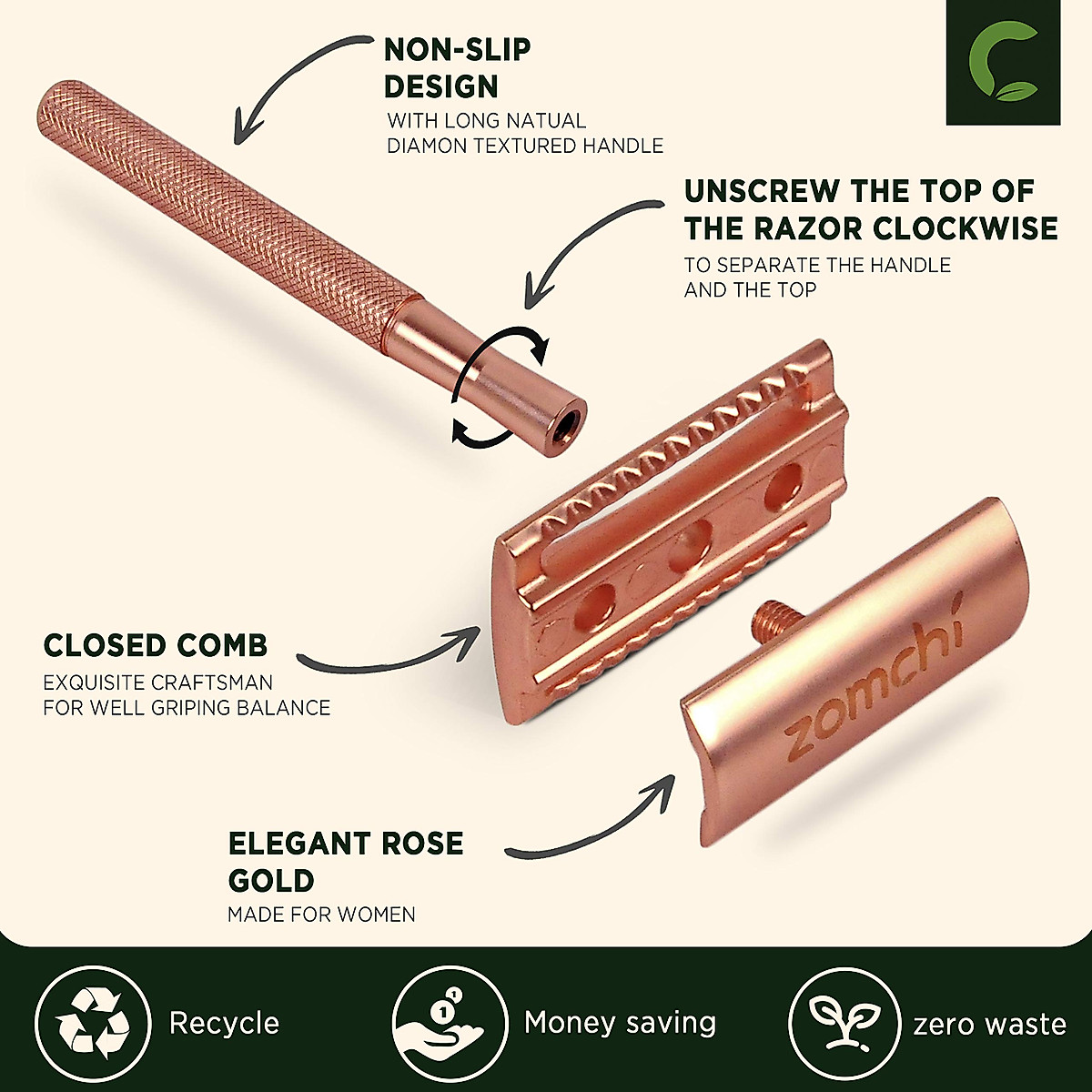 Safety Razor for Women, Men's Single Blade Razor with a Razor Stand with 10 Blades, Double Edge Razor with a Texture Handle, Metal Razor Women, Fits All Double Edge Razor Blades (Rose Gold)
