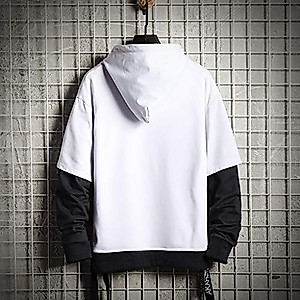 Thenlian Men's New Fashion Loose Stitching Fake Two-piece Hooded Sweater Splice Top (XXXL, White)