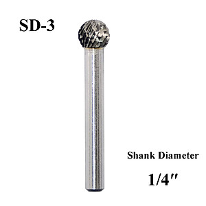 SD-3 Tungsten Carbide Burr Rotary File Ball Shape Double Cut for Die Grinder Drill Bits 1/4'' Inch Diameter of Shank and 3/8'' Inch Diameter of Cutter 15/47'' Inch Cutter Length