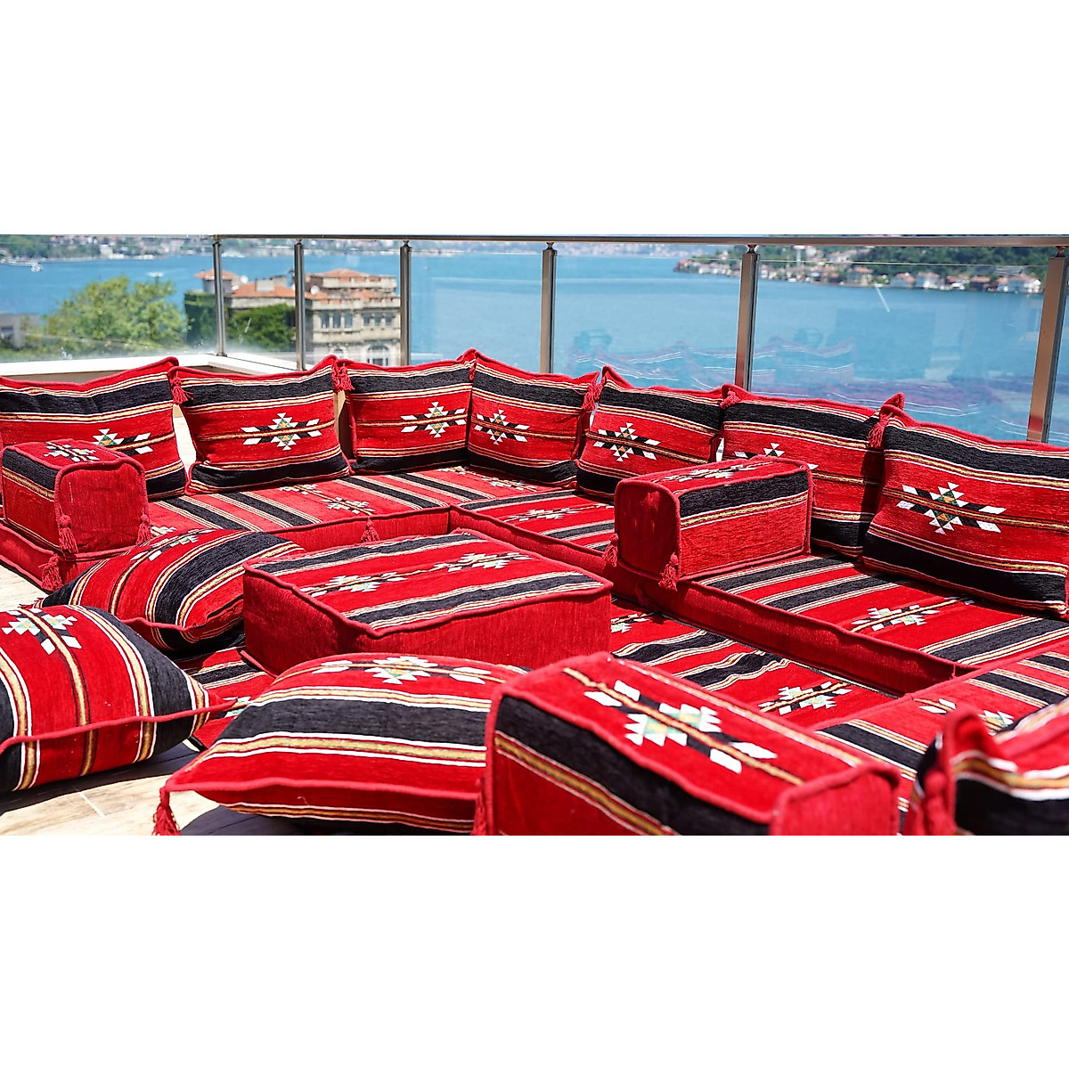 Red Corner Floor Sofa Seating Set, U Shaped Arabic Sofa Set, Oriental Floor Seating, Floor Cushions, Living Room Sofa, Arabic Majlis,Floor Couch (U Sofa Full Set)