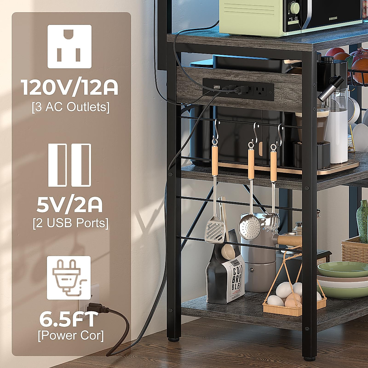 Aheaplus Bakers Rack with Power Outlet and LED Light Strings, Microwave Oven Stand Kitchen Storage Shelf with Wire Basket, Coffee Bar Station Island Table with 10 Hooks for Spices, Pots, Black Oak