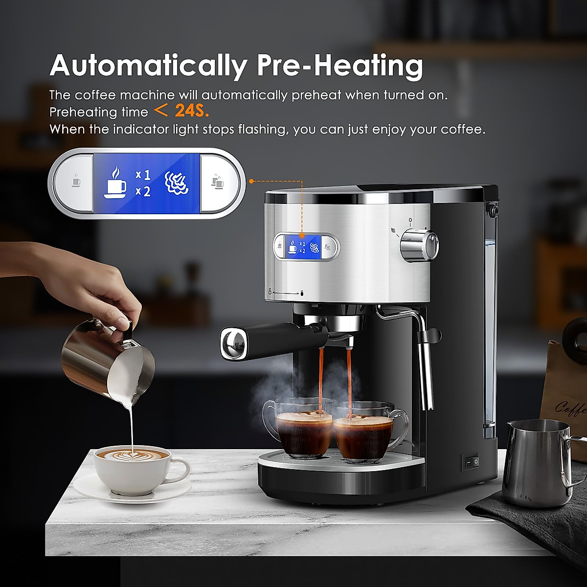 COWSAR Espresso Machine 20 Bar, Semi-Automatic Espresso Maker with Milk Frother Steam Wand, 45 OZ Removable Water Tank for Cappuccino, Latte, Home