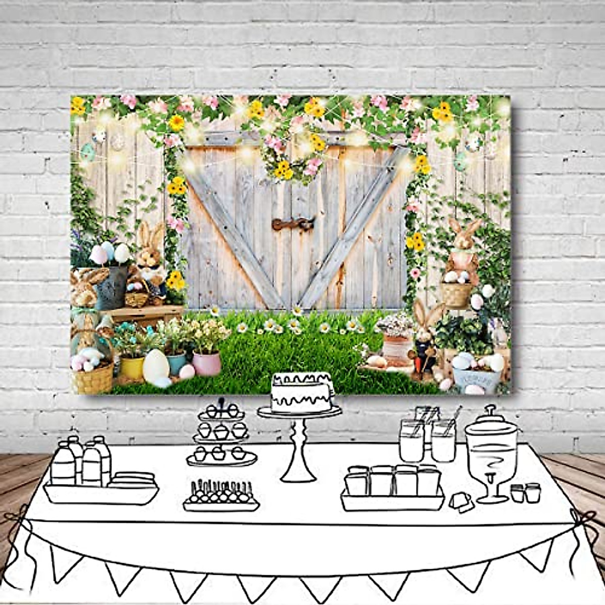 8x6ft Easter Spring Backdrop, Rustic Wooden Door Wall Bunny Rabbit Eggs Flower Greenery Photography Background Baby Shower Kids Birthday Party Decor Portrait Banner Photo Booth Studio Props