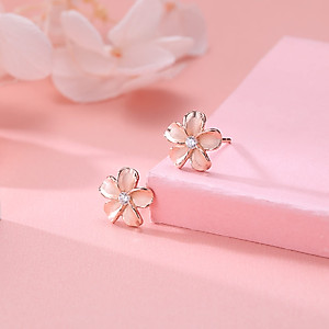Reffeer Solid 925 Sterling Silver Plumeria Flower Stud Earrings for Women Teen Girls Crystal Flower Stud Earrings (C-Rose Gold)