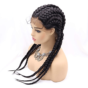 Xiweiya Long Black Braided Wig with Baby Hair Highlight 1B# Black Hair Synthetic 360 Full Lace Wig 5 Braids for Women,Drag Queen Makeup Christmas Party 24 Inches