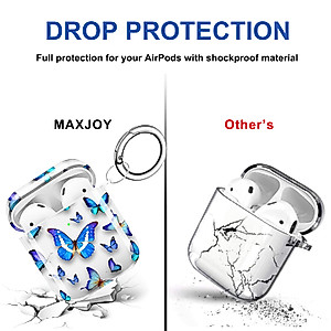Maxjoy for AirPods Case Cover, Clear AirPod Case for Women Girly Cute Soft Protective Transparent iPod Case with Keychain Clip for AirPods 2nd 1st Generation Charging Case 2&1, Blue Butterfly
