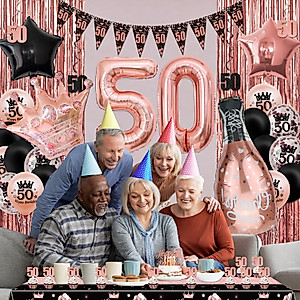 50th Black and Rose Gold Party Decorations - Happy Birthday Banner, Pennant, Birthday Balloons, Fringe Curtains, Tablecloth, Cake Topper, Hanging Swirls 50th Birthday Decorations for Women Princess