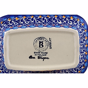Polish Pottery 7¼-inch Butter Dish (Blue Tulip Garden Theme) Signature UNIKAT + Certificate of Authenticity