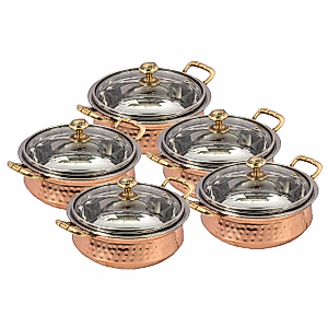 PARIJAT HANDICRAFT Indian Hammered Copper Serving Bowl for Food Soup with Handle and Glass Lid Decorative Small Seveware Pack of 6