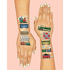 xo, Fetti Train Party Supplies Temporary Tattoos for Kids - 48 Styles | Trains Birthday, Choo Choo Party Favors, Railroad Decorations