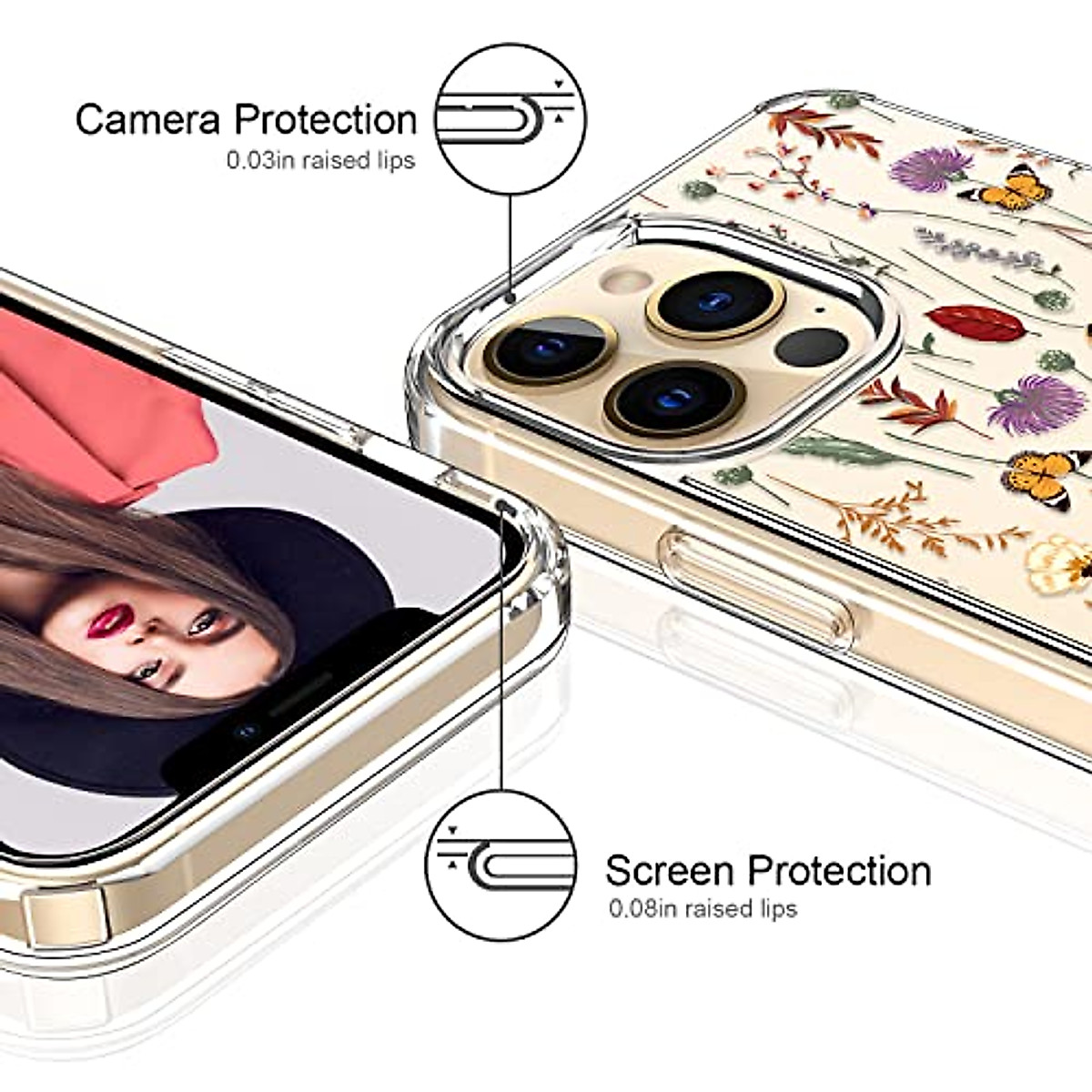 ICEDIO for iPhone 13 Pro Max Case with Screen Protector,Slim Fit Crystal Clear Cover with Fashionable Designs for Girls Women,Protective Phone Case 6.7" Orange Purple Floral