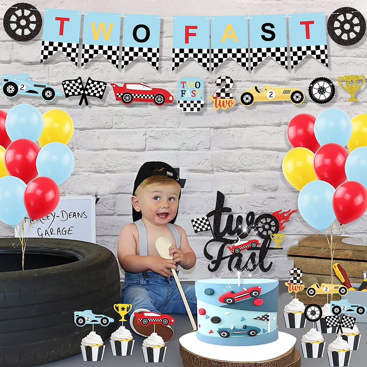 Race Car Two Fast Party Decorations Supplies Racing Theme 2nd Birthday Party Banner Race Car Second Birthday Cake Topper Checkered Flags Balloons for Let's go Racing Theme Sports Event Party Supplies
