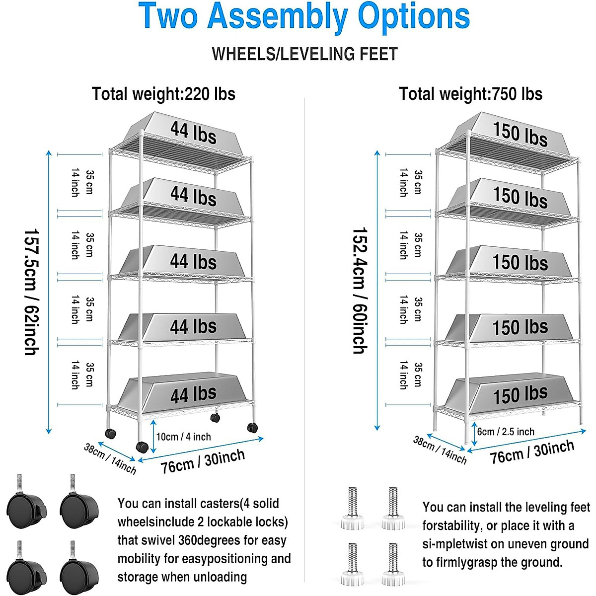 pouseayar Wire Shelving Unit 5 Tier NSF Metal Shelf, 750lbs Capacity Adjustable Storage Rack with Wheels & Shelf Liners for Garage Kitchen Office Bathroom, 60" H x 30" L x 14" D - White Set of 2