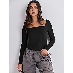ANRABESS Crop Top for Women Long Sleeve Corset Workout Tees Basic T-Shirt Square Neck Fitted Sexy Going Out Shirt Tops Y2K Clothes 1040heise-M Black