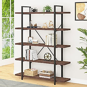IBF 5 Tier Solid Wood Bookshelf, Industrial Natural Real Wood Metal Tall Bookcase, Modern Rustic Large Open Book Shelf Storage, Farmhouse Wide Etagere Bookcase for Office Living Bedroom, Rustic Gray
