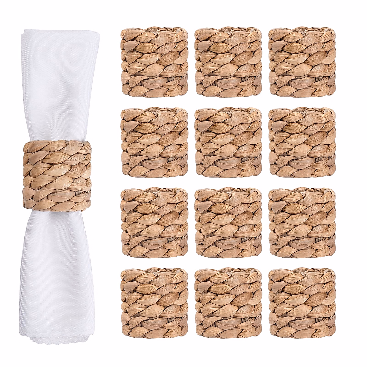 WOHIWO Napkin Rings Set of 12, Farmhouse Napkin Rings Table Decor Handmade by Natural Water Hyacinth, Fall Rustic Napkin Rings for Thanksgiving, Christmas, Wedding Table Dinnerware Decoration Set