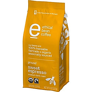Ethical Bean Fairtrade Organic Coffee, Sweet Espresso Medium Dark Roast, Ground Coffee Beans - 100% Arabica Coffee (8 oz Bag), 0.5 Pound (Pack of 1)