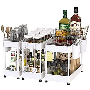 Lovelyduo 3 Pack Under Sink Organizer and Storage, 2 Tier Kitchen Bathroom Undersink Organizers with Hooks, Hanging Cups, Multi-purpose Sink Storage Cabinet White