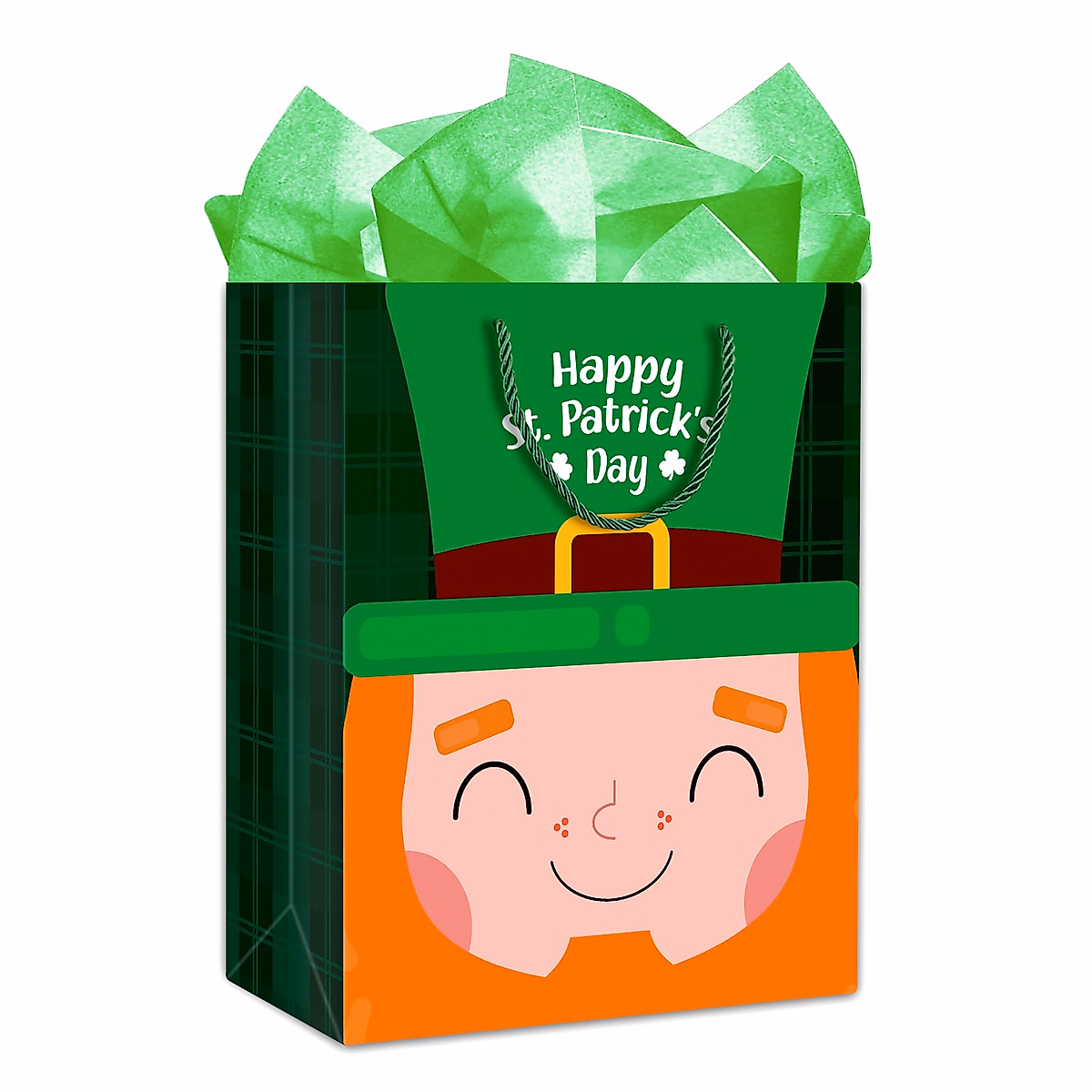 SICOHOME St Patricks Day Gift Bag 11.5"x 9" Green Buffalo Plaid Gift Bags with Tissue Paper, Happy St.Patricks Gift Wrapping Bags for Kids Classroom Party Favor Supplies