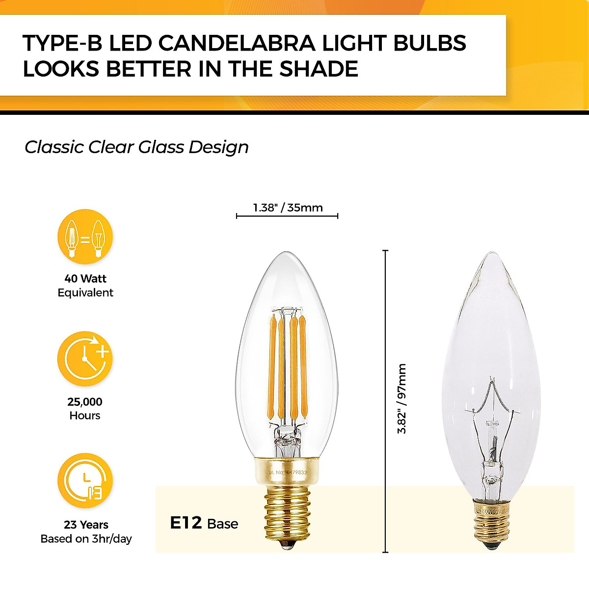 Hizashi E12 Candelabra LED Light Bulbs 40 Watt 90+CRI LED Chandelier Light Bulbs Dimmable, B10 LED Candelabra Bulbs, 4W, 450LM 2700K Soft White, Candle Light Bulbs, UL Listed, 12 Pack