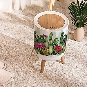 KCDCYCZEAL Botanical Trash Can with Lid Tropical Succulent Green Succulents Cactus Plants Flowers White Round Recycle Bin Press Top Dog Proof Wastebasket for Bedroom Nursery Kids Room 7L/1.8 Gallon